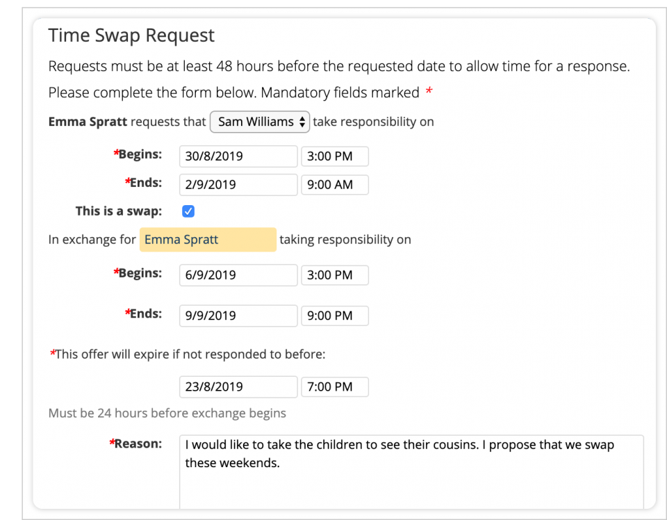 Time Swap Requests | Parents - Website | OurFamilyWizard